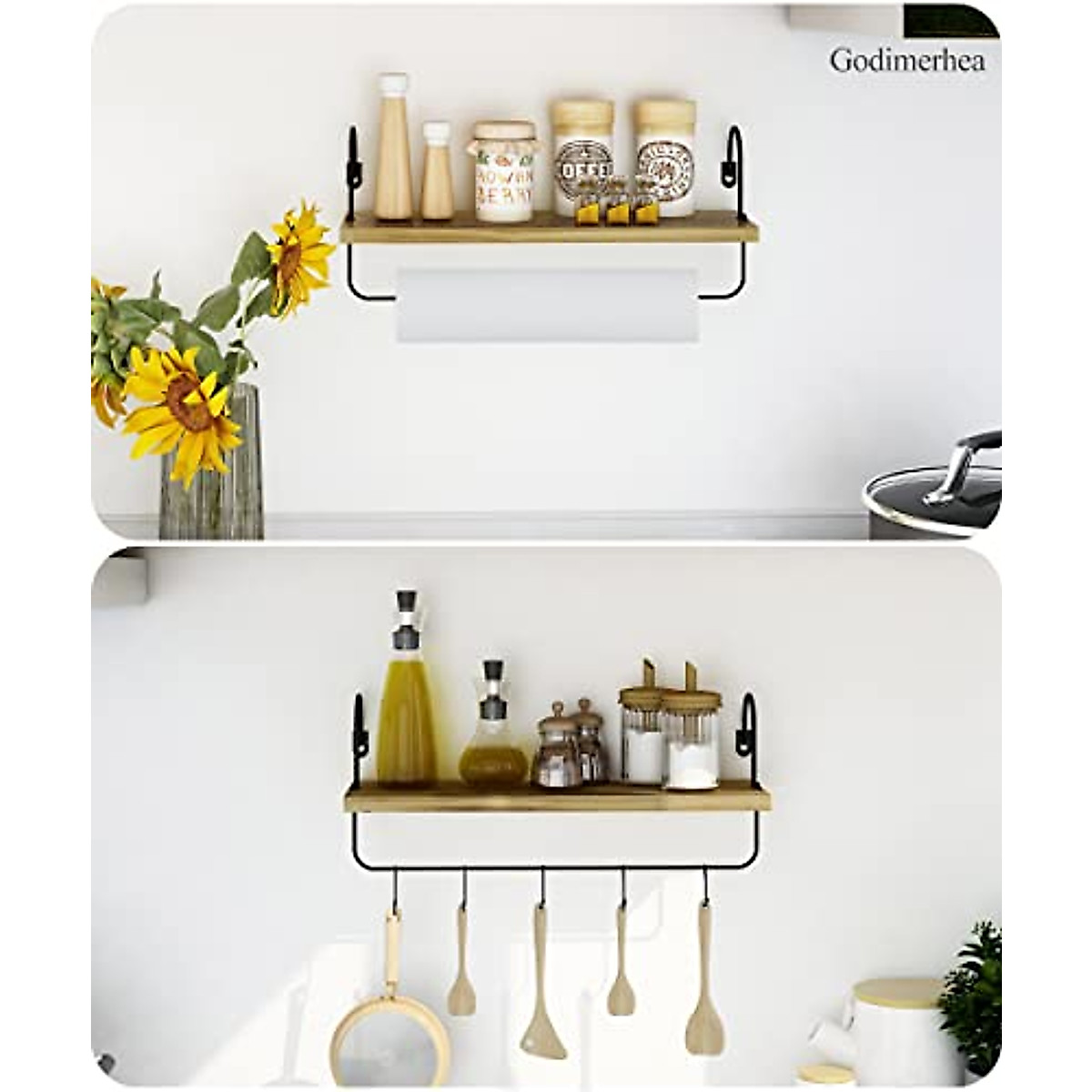 Godimerhea Floating Shelves with Hooks, Set of 2 Rustic Wall Mounted Wooden Decorative Storage Shelves with Towel Rack for Coffee Bar, Kitchen, Living Room（Brown）