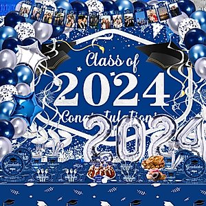 Graduation Decorations Class Of 2024, 231PCS Party Decorations, Graduation Decorations with Backdrop balloons Paper Plate Cup Napkin Cutlery Tablecloth Balloon Garland (Blue and Silver)
