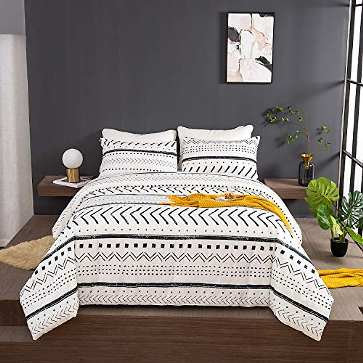 Luxlovery Boho White Comforter Set King Farmhouse Bedding Comforter Set King Size Black and White Aztec Comforter Striped Cotton Geometric Folkloric Comfy Cotton Bohemian Comforter Blanket Quilts