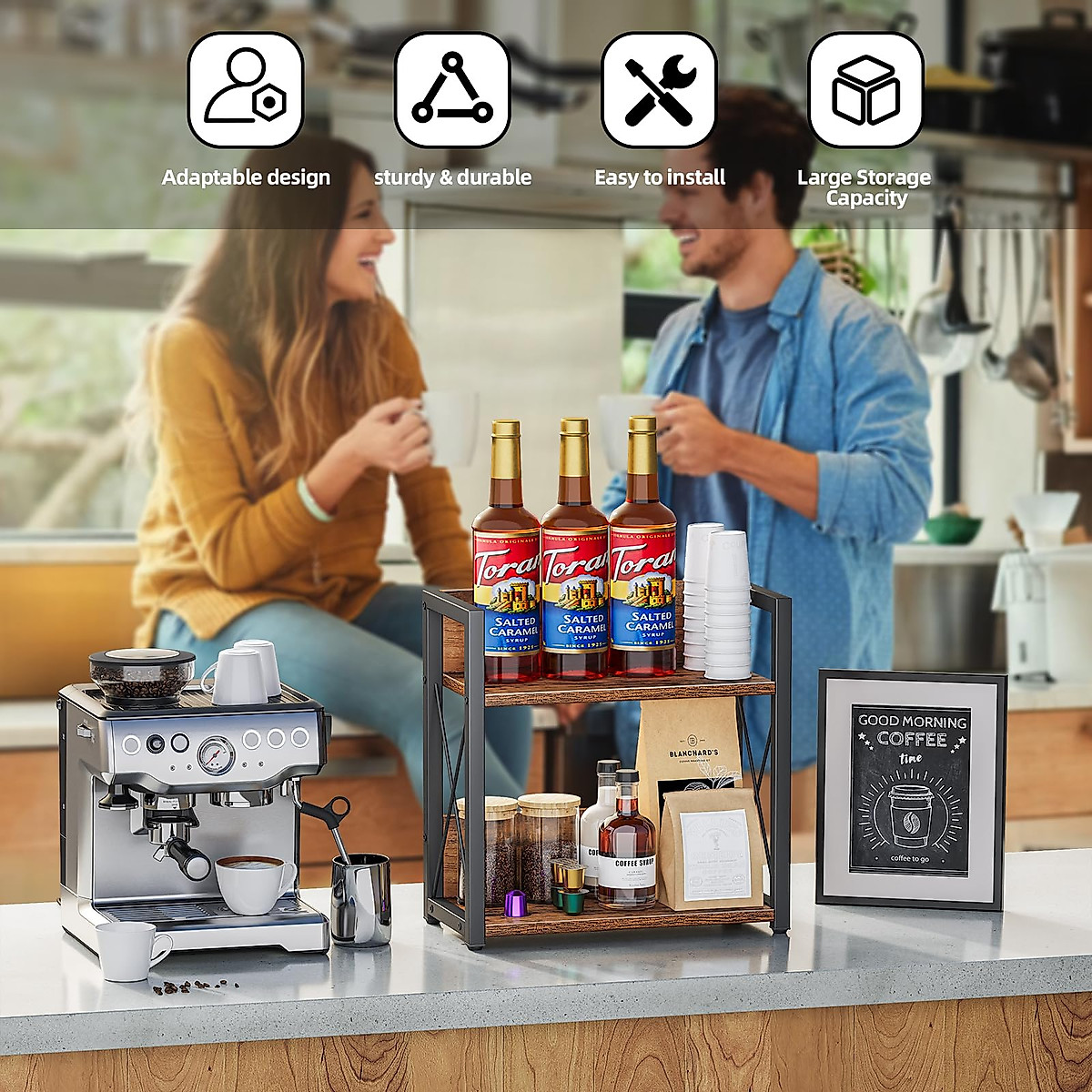 Giikin Counter Shelf Organizer, 2 Tier Kitchen Spice Rack for Countertop, Wood Coffee Counter Organizer for Home (Rustic Brown)