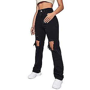 SweatyRocks Women's Casual Loose Ripped Denim Pants Distressed Wide Leg Jeans Black XL