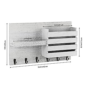 PINPON Wall Mounted Mail Holder Wood Key Holder and Mail Sorters with 6 Hooks Wall Key Hanger Letter Bills Magazine Organizer Rack for Farmhouse Entryway Hallway Office, Rustic White