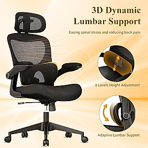 SUNNOW Ergonomic Office Chair, Comfy Mesh Desk Chair, High Back Computer Gaming Chairs with Adjustable Lumbar Support, Flip-Up Arms, Headrest, Tilt Function, Wide Cushion, Swivel Wheel, BIFMA Quality