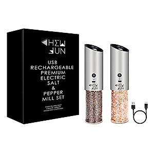 USB Rechargeable Electric Gravity Salt and Pepper Grinder Set with Adjustable Coarseness Automatic Pepper and Salt Mill Set with White LED Light,One Hand Operated,Brushed Stainless Steel by CHEW FUN