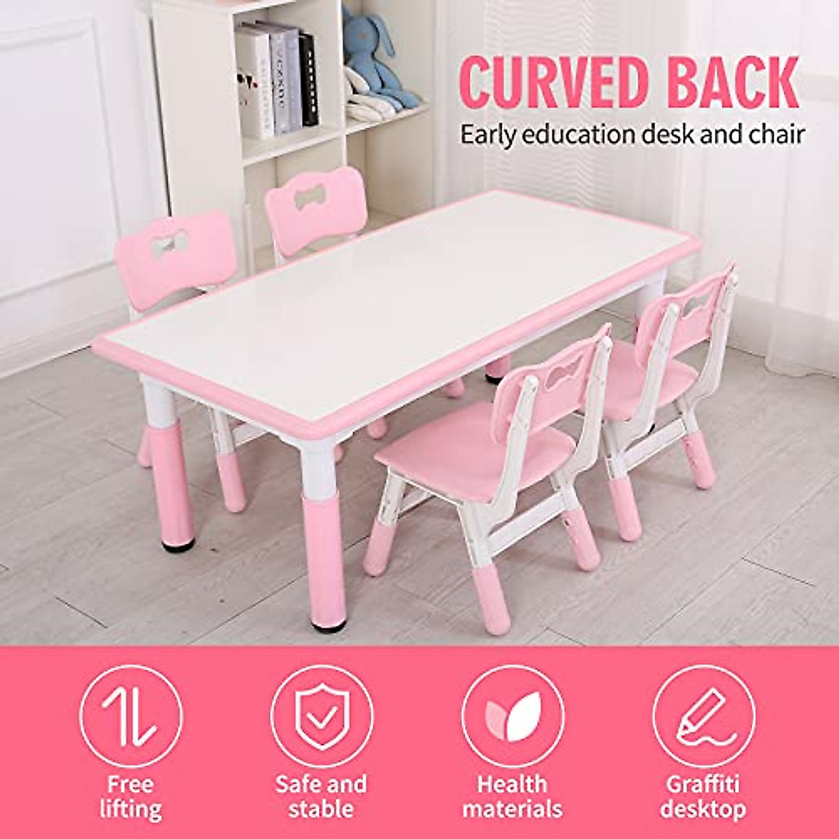 UNICOO - Kids Study Table and Chairs Set, Height Adjustable Plastic Children Art Desk with 4 Seats, Kids Multi Activity Table Set (Kids Table 5 Piece Set - BY-120-WP)