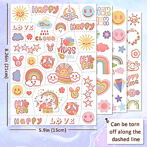 110PCS Temporary Tattoo, Sun Rainbow Flower Smiley Stars Heart Character Fake Tattoos for Girls Women Adults, Temporary Tattoos for Birthday Supplies Decorations Favors