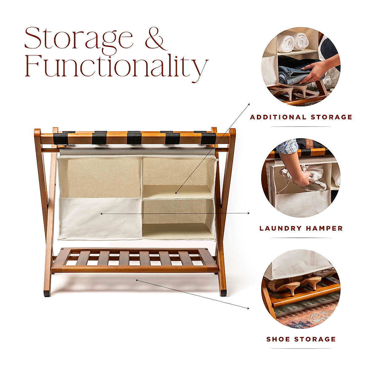 DomeNest Folding Luggage Rack for Guest Room with Laundry Bag - Heavy Duty Space Saving Baggage Suitcase Stand Storage Shelf Made from Natural Bamboo - Fully Assembled Foldable Hotel Bedroom Luggage Holder