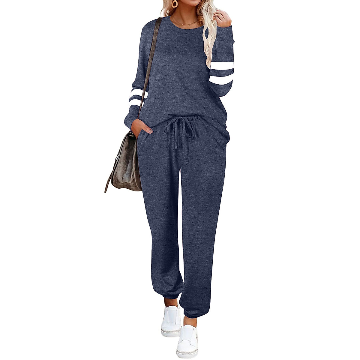 Ekouaer Sweatsuits Womens Loungewear Set Tracksuit Long Sleeve Pajamas Set with Pockets 2 Piece Outfits Lounge Sets Navy Blue XX-Large