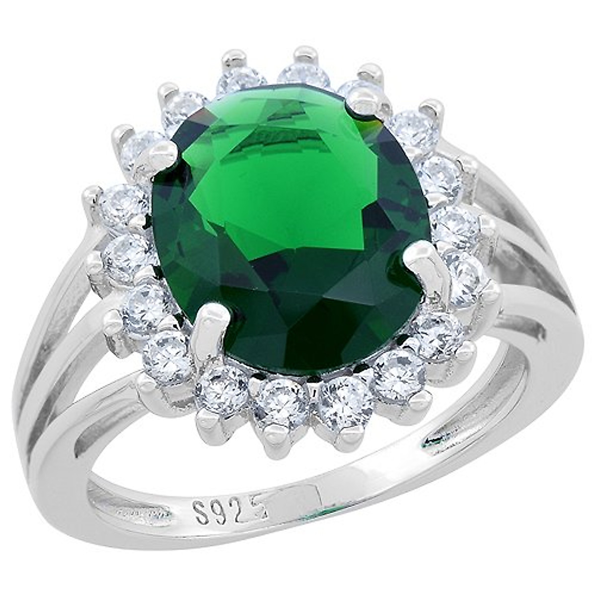 Sterling Silver Oval Emerald Ring Sunburst CZ Rhodium Finish, 11/16 inch wide, size 6