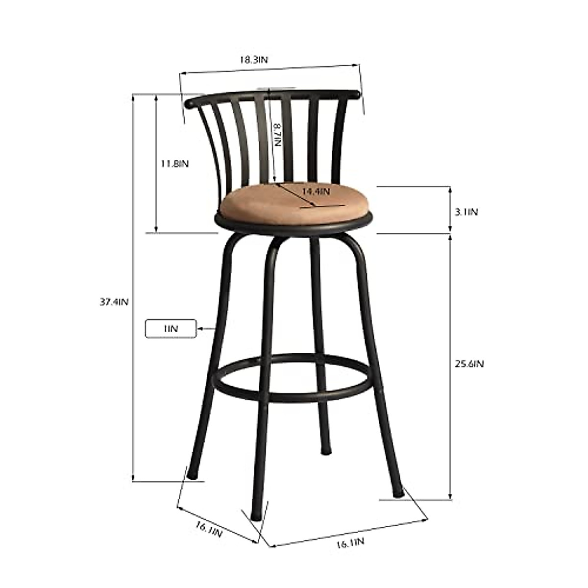 FurnitureR 29 INCH Country Style Industrial Counter Bar Stools Set of 2, Swivel Barstools with Metal Back, with Fabric Seat and Footrest for Indoor Bar Dining Kitchen