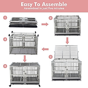 38" Heavy Duty Indestructible Dog Crate Steel Escape Proof Dog Cage Kennel for Small Medium Large Dogs Indoor Double Door High Anxiety Dog Crate with Wheels, Lock& Removable Tray, Silver (38 Inch)