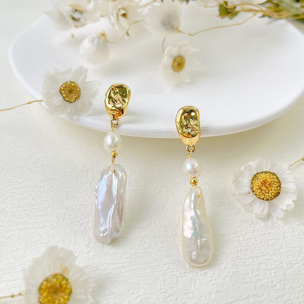 Baroque Keshi Pearls Stud Earring Natural Freshwater Pearls Dangle Earrings Gold Pearl Drop Earrings Jewelry S925 with 14K Gold Plated Modern Eardrop for Women