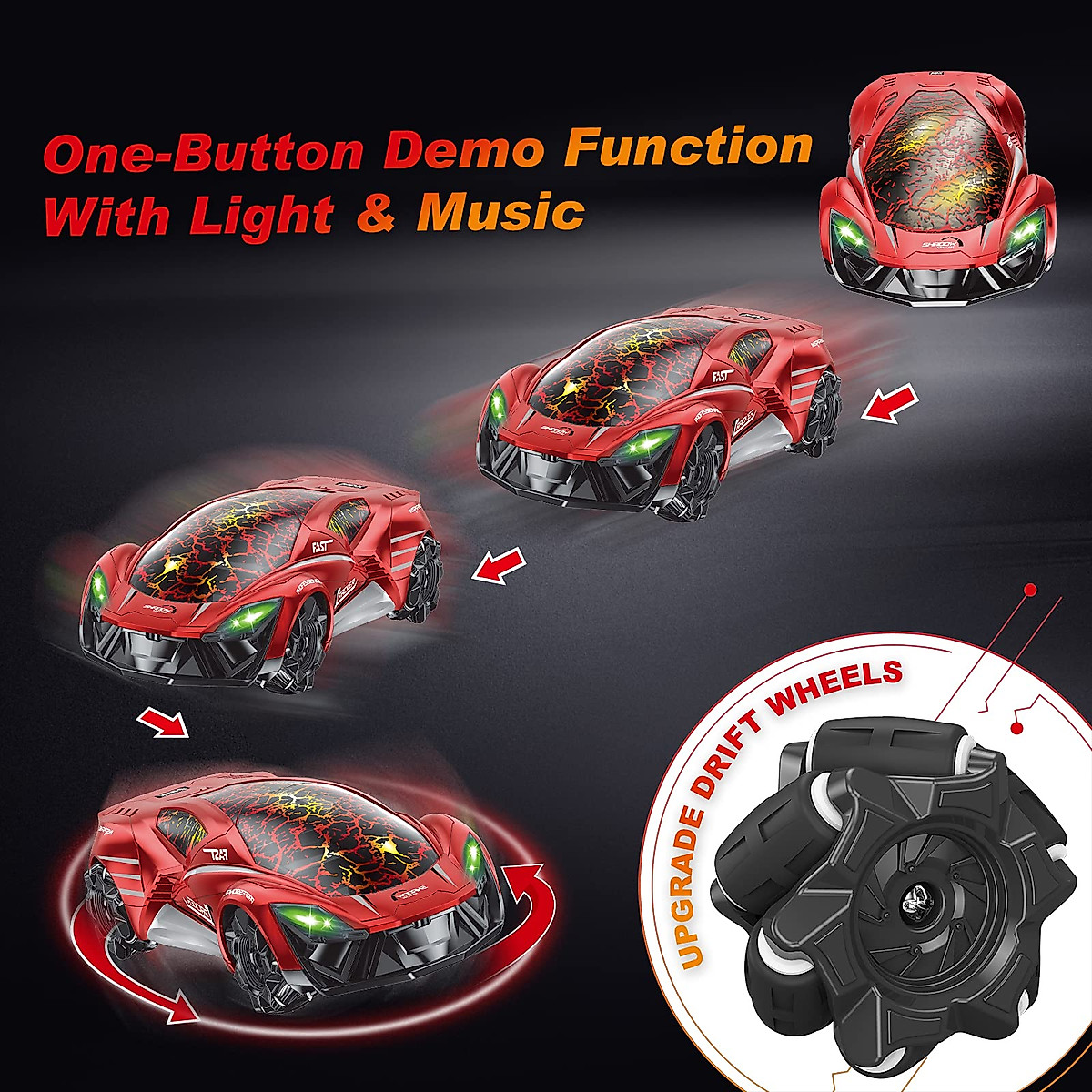 JELOSO Remote Control Car, 4WD 2.4GHz Fast RC Drift Stunt Race Car 360°Rotating Hobby RC Sport Car with LED Lights & Music, Cool Vehicle Toys Birthday Xmas Gifts for Kids Boys Girls Age of 6-12