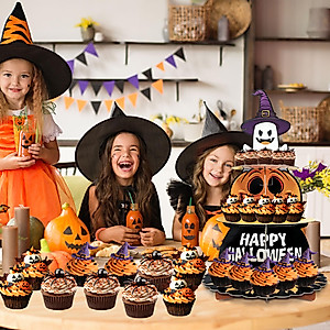 HIENAJ Halloween 3 Tier Cupcake Stand,Halloween cute Ghost Cupcake Holder Tower,Halloween Pumpkin Orange Cardboard Cake Dessert Stand,Birthday Party Supplies Halloween Carnival Decoration (Great size