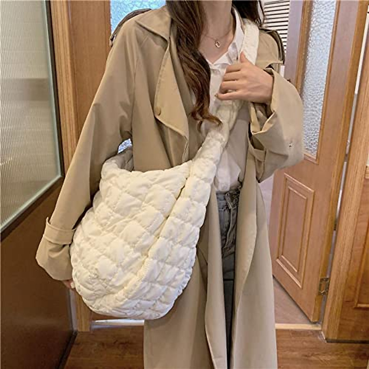 MadGrandeur Women's Puffer Bag Solid Color Padded Tote Bag Quilted Puffy Crossbody Bag Large Aesthetic Pleated Underarm Shoulder Bag (White)