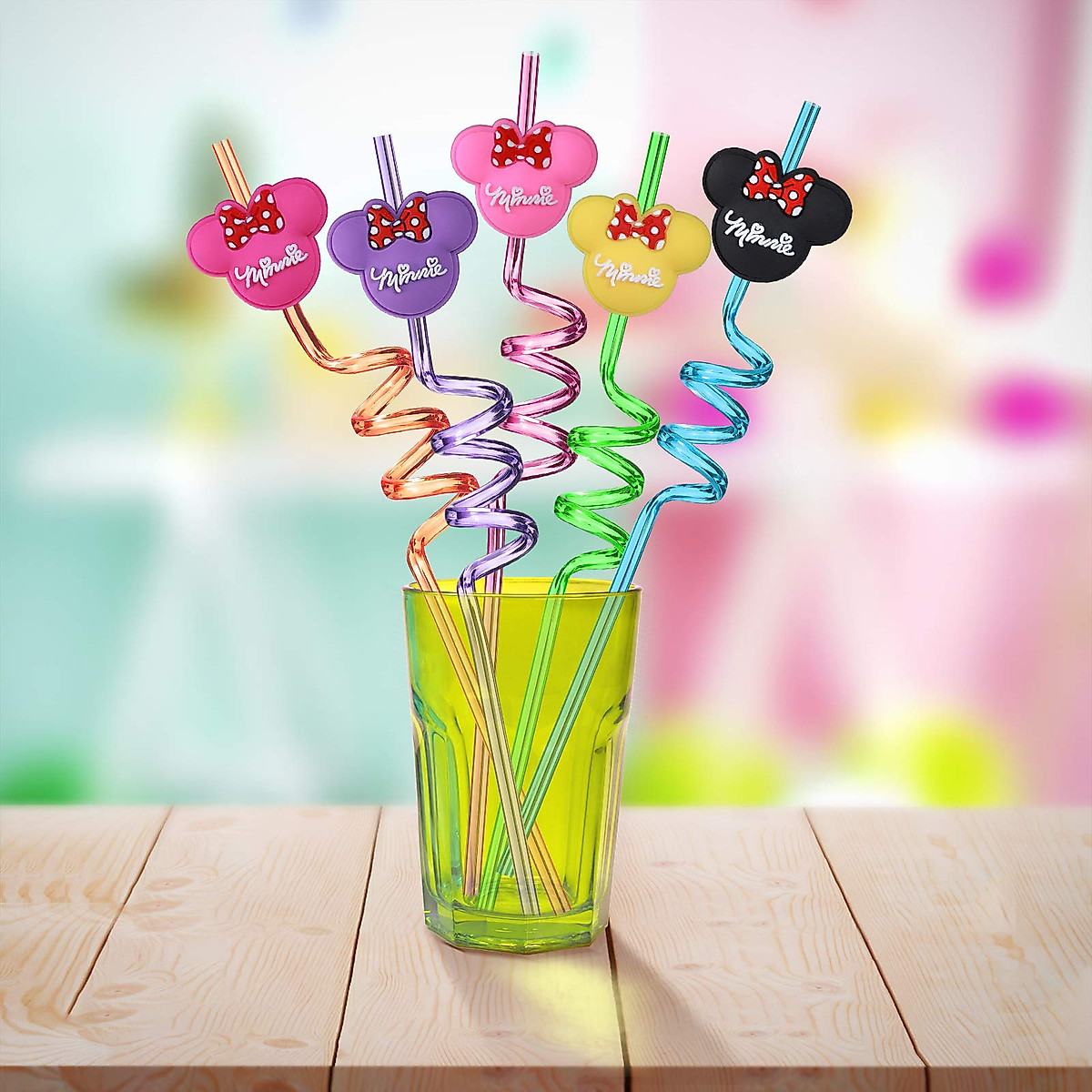 25 Mouse Ear Straws with 2 Cleaning Brush 5 Designs Great for Minnie Theme Birthday as Party Favors and Party Supplies