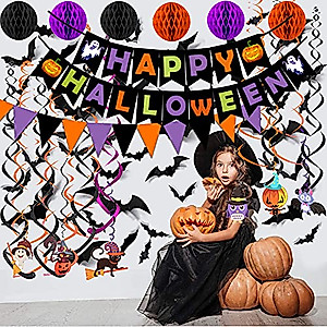 Happy Halloween Banner Paper Triangle Flag Bunting Circle Confetti Dots Hanging Garland Honeycomb Ball Swirl Streamers for Halloween Party Decorations