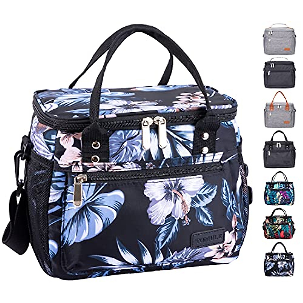 TOMULE Insulated Lunch Bag Reusable Floral Cooler Tote Bag, Soft Freezable Lunch Box Holder, Durable Portable Leakproof Thermal Lunch Container for Women Men Kid Office Work School Picnic Travel Beach