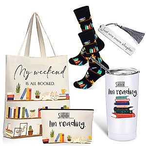 Silkfly 5 Pcs Book Lovers Gifts Set, Gifts for Book Lovers, Includes 20 oz Tumbler Socks Bookmark Tote Bag and Cosmetic Bag