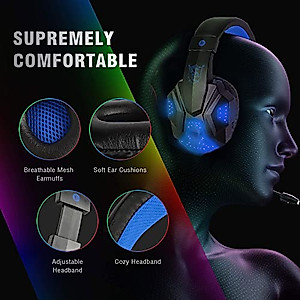 Atrasee Stereo Gaming Headset with Mic for PS4 PC PS5 Xbox One Nintendo Switch, Noise Cancelling Headphones Over Ear with Surround Bass, Soft Earmuffs, LED Light, 3.5mm Aux for Mac Laptop, Blue