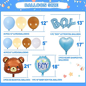 Party Spot！Bear Baby Shower Decorations Boy,80 pcs Balloons,4 Wood Grain Blocks with Letter,"We can bearly wait" Backdrop,Banner,Tablecloth,Balloon Pump, Blue Brown Bear Theme