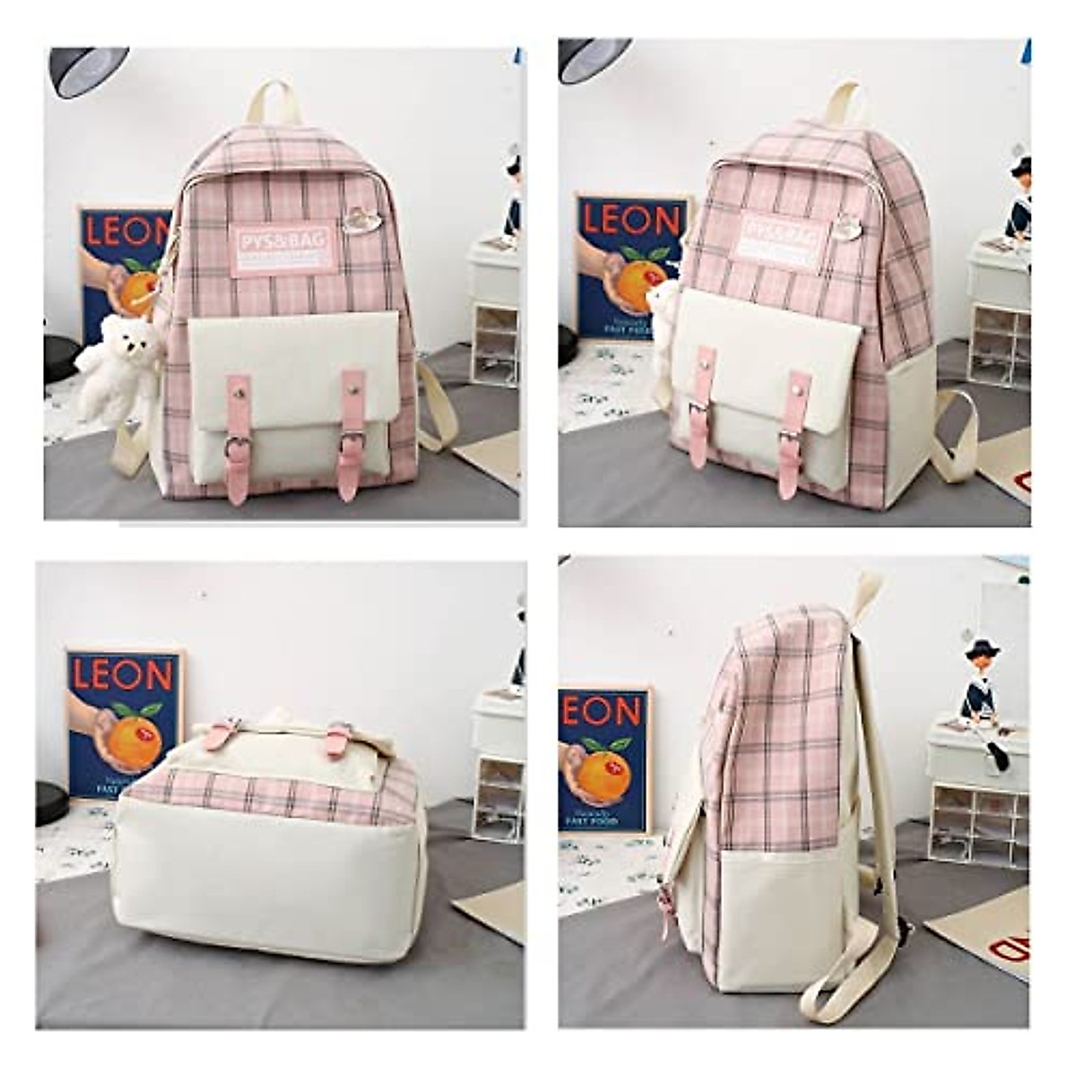4pcs Aesthetic Backpack Set with Large Capacity, Back to School Canvas Kawaii Backpack Set for Young (Pink)