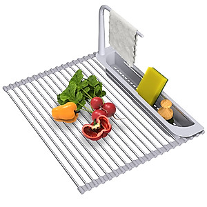 NiHome Roll Up Dish Drying Rack with Sink Caddy Expandable, Over The Sink Dish Drying Rack Portable Stainless Steel Rolling Rack Multipurpose Sponge Holder for Kitchen Sink