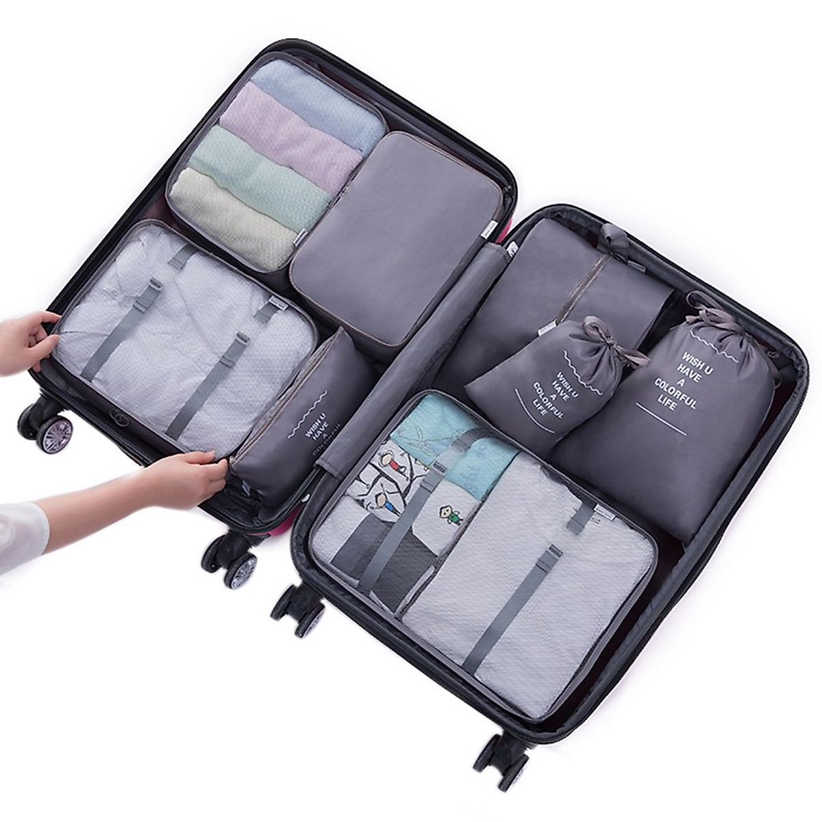 Belsmi 9 Set Packing Cubes with Shoe Bag - Compression Travel Luggage Organizer (9pcs Grey)