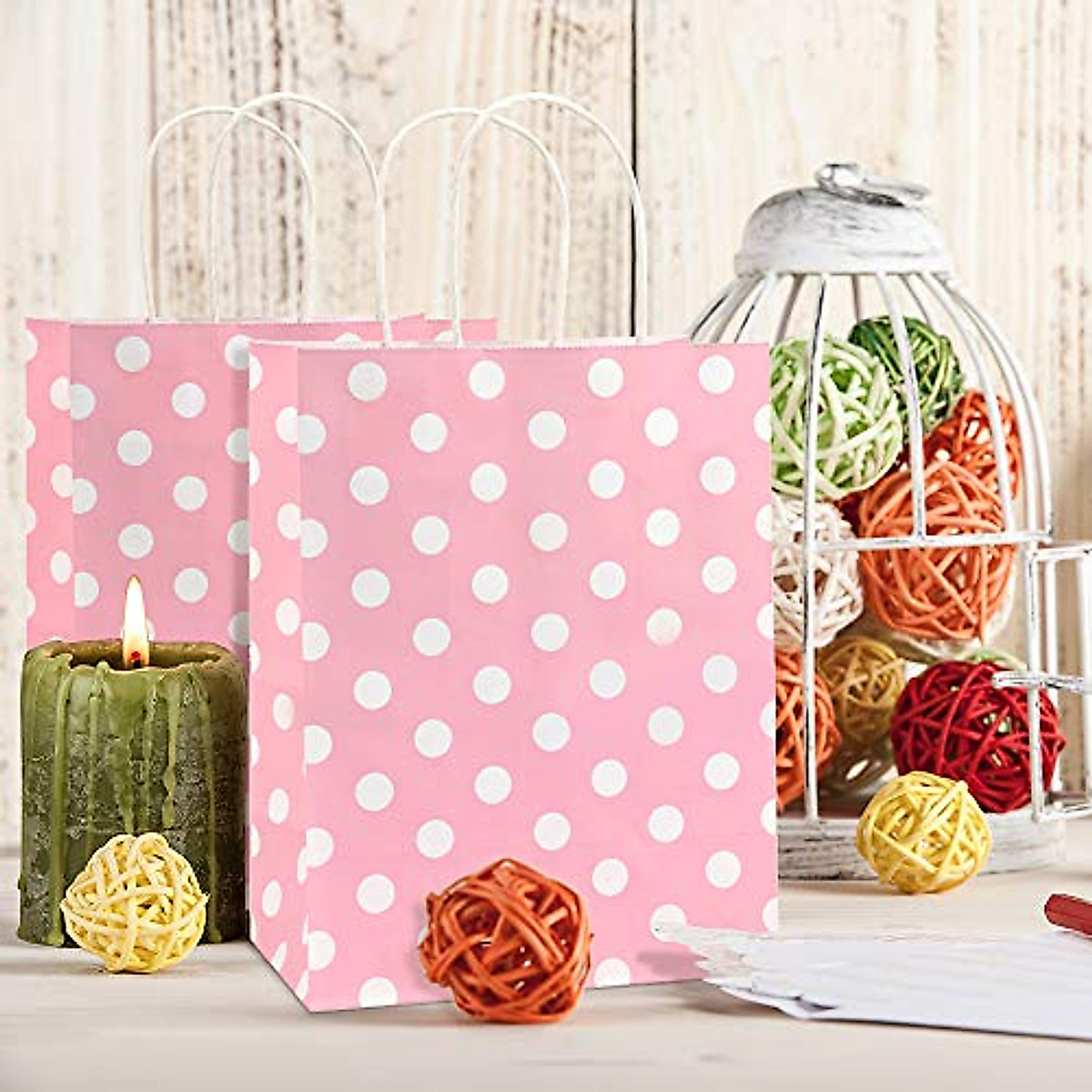 BagDream Gift Bags 25Pcs 8x4.25x10.5 Inches Shopping Bags, Paper Bags, Kraft Bags, Retail Bags, Holiday Party Bags, Pink Dot Paper Bags with Handles, Pink Paper Gift Bags