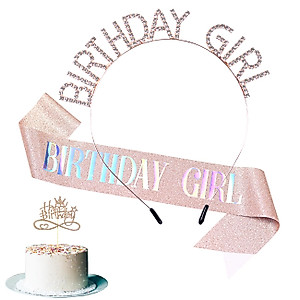 DOCOONIVER Rose Gold Birthday Headband for Women,Birthday Girl Sash and Crown for Girls and Women,Birthday Gift for Her,Happy Birthday Cake Topper,Accessories for Birthday Decorations.