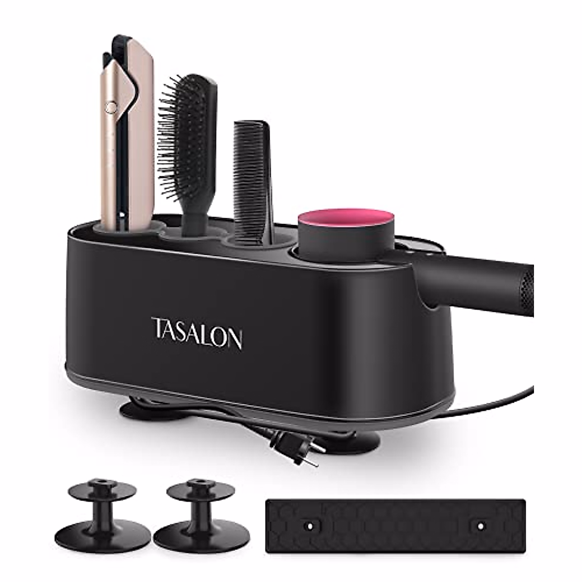 TASALON Hair Dryer Holder, Hair Tool Organizer, 3 in 1 Wall Mounted/Cabinet Door/Countertop Blow Dryer Holder, Flat Iron, Hair Straightener Holder, Curling Iron Holder, Hot Hair Tool Holder- Black