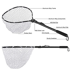 AIKENR Folding Fishing Net, Fly Fishing Landing Net Soft Rubber Safe Catch and Release, Aluminum Alloy Frame and Comfortable EVA Handle with Sturdy Carabiner