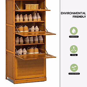 Magshion Bamboo Entryway Shoe Storage Cabinet with Pull-Down Door, 7-Tier Freestanding Shoe Cabinet Organizer for Hallway Entryway, for Convenient Shoe Organization (Brown)