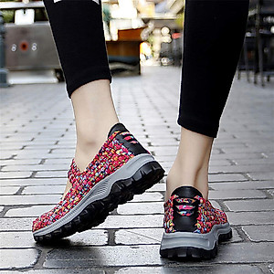 GOSPT Women's Elastic Woven Walking Shoes Mary Jane Flats Slip on Sneakers Multicoloured Red 7.5