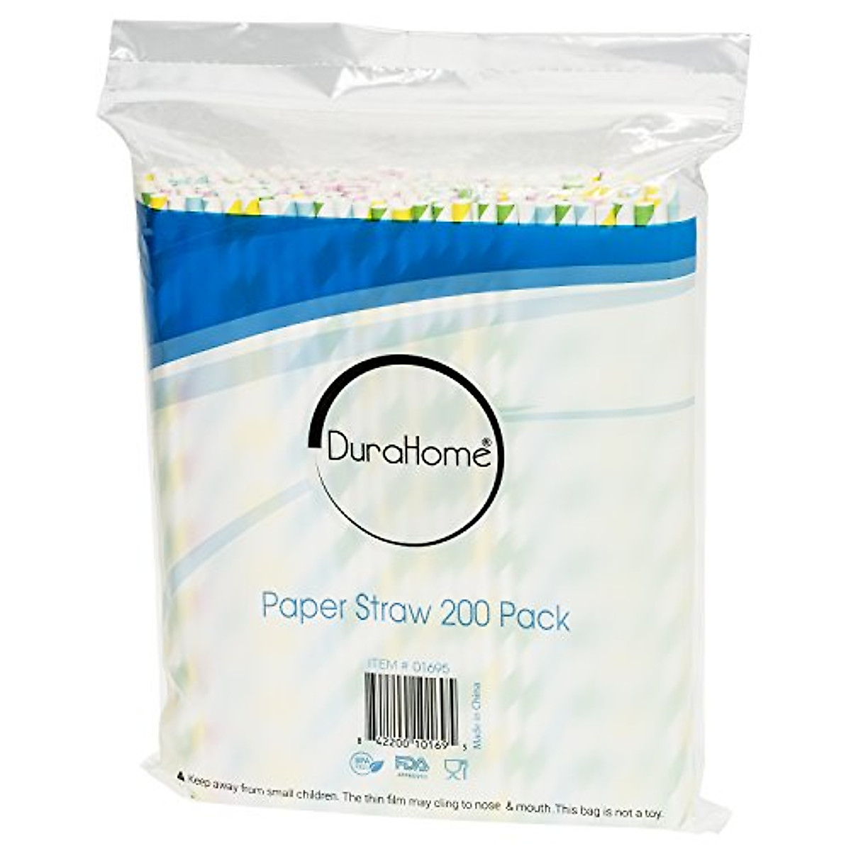Paper Straws Biodegradable 200 Pack Striped Multi Colored BPA-Free Disposable 8.25" Long Non-Flexible Straw for Everyday/Birthday Party/Easter/Baby Shower/Wedding - By DuraHome