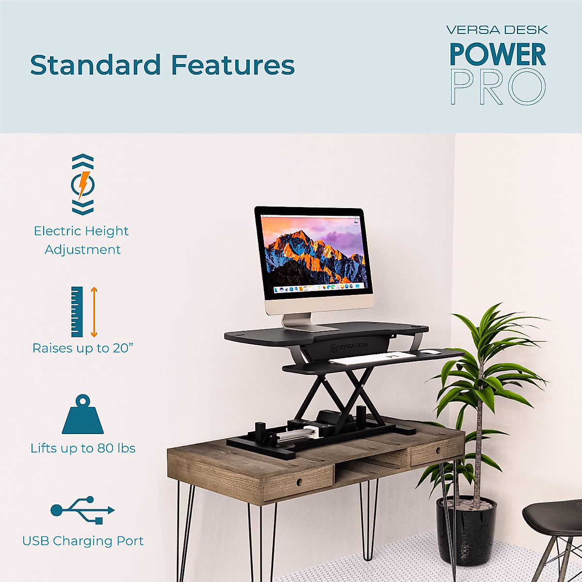 VERSADESK Electric Standing Desk Converter, PowerPro Height-Adjustable Sit Stand Desktop Riser, Keyboard Tray, USB Charging Port, 48" X 24", Black