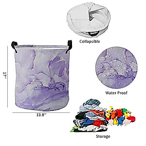 Laundry Basket Marble Purple Gradient Abstract Art,Waterproof Collapsible Clothes Hamper Golden Stripe,Large Storage Bag for Bedroom Bathroom 13.8x17in