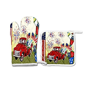 Oven Mitts and Pot Holders Kitchen Gloves Non Slip Oven Mitts and Hot Pads BBQ Gloves Oven Mitts and Hot Pads for Kitchen Cooking Baking Grilling Spring Patriotic Small Red Truck American Flag
