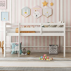Bellemve Low Loft Bed Twin Size Wooden Loft Bed Frame with Ladder for Kids Girls Boys Teens, White
