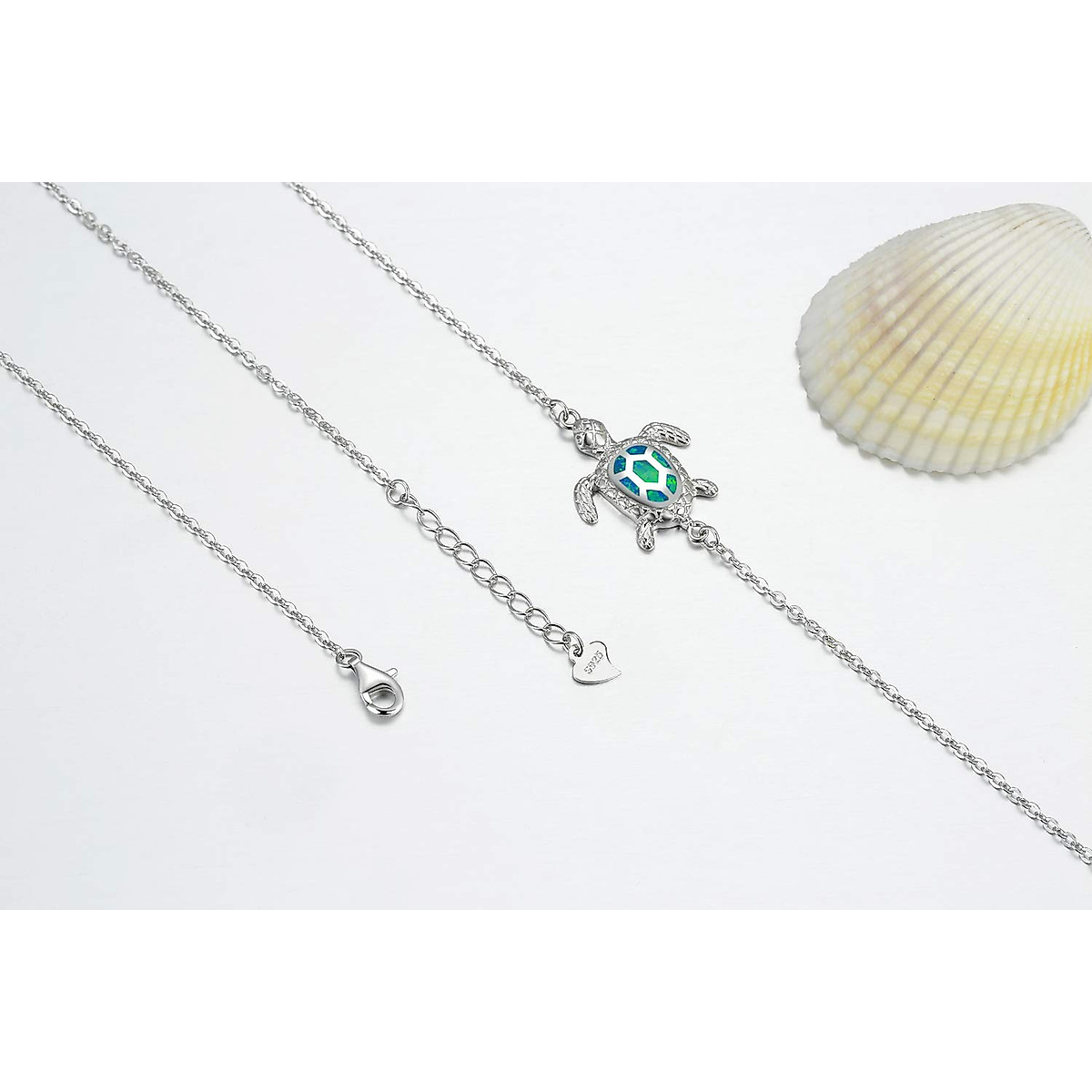 PUPILLEMON Blue Opal Sea Turtle Ankle Bracelet Sterling Silver Anklet Fine Jewelry For Women Gifts (Large Bracelet)