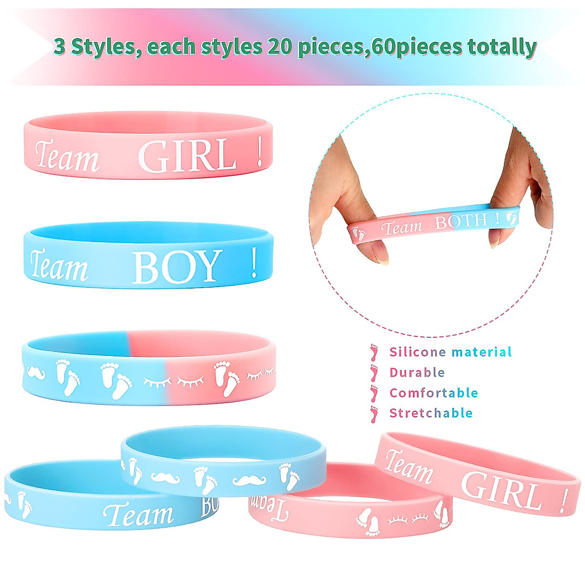 Hicarer 60 Pieces Gender Reveal Bracelets, Team Silicone Wristbands Team Gender Reveal Party Bracelets Team Both Rubber Wristband for Shower Gender Reveal Party Favor Supplies, Blue and Pink