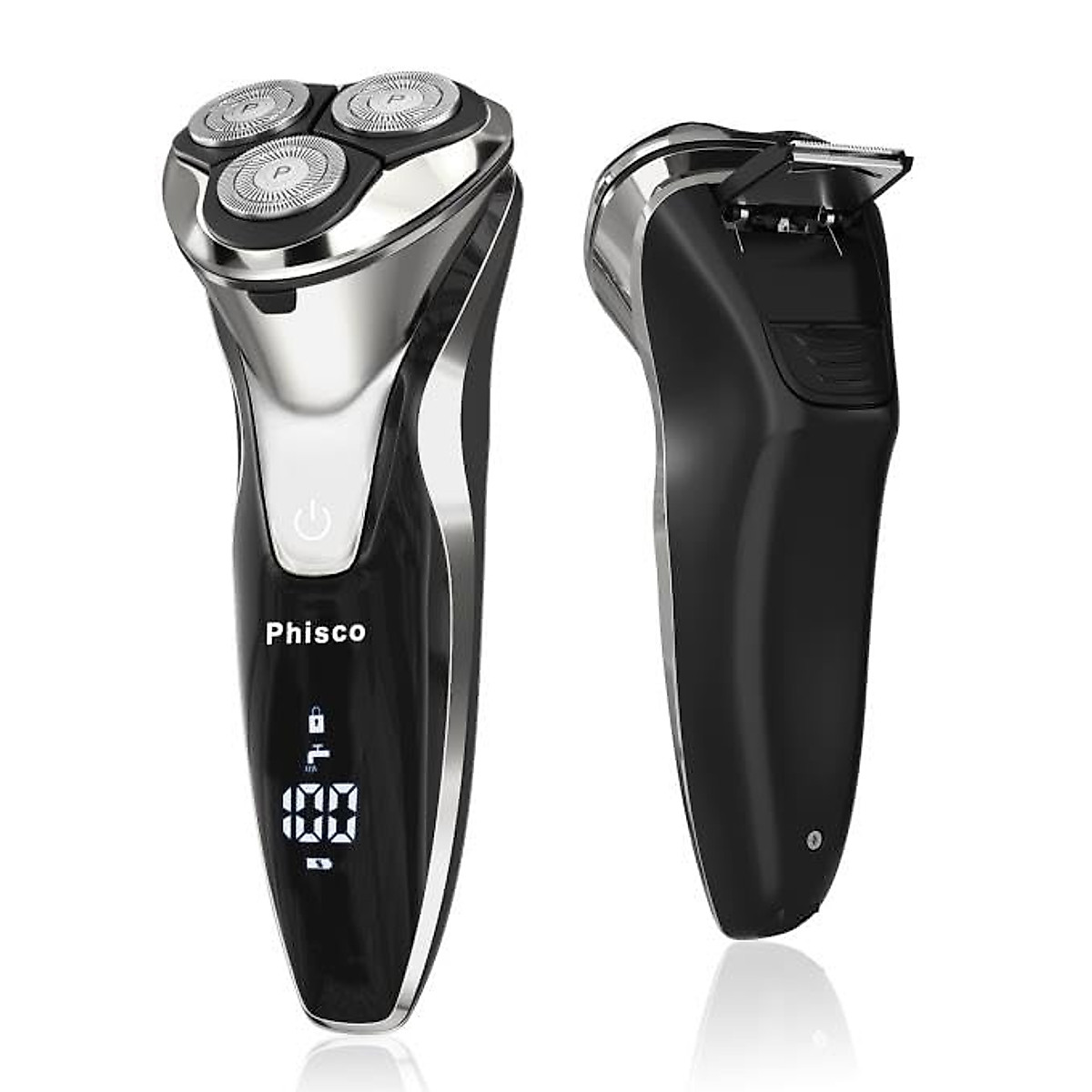 Phisco Electric Shaver Razor for Men Floating Rotary, IPX7, LED Display, Rechargeable, Dry/Wet, Pop-Up Beard Trimmer (Black)