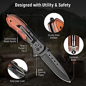 KEXMO Pocket Knife for Men - 3.46" Sharp Blade Wood Handle Pocket Folding Knives with Clip, Glass Breaker - EDC Knives for Survival Camping Fishing Hiking Hunting Gift Women, Black