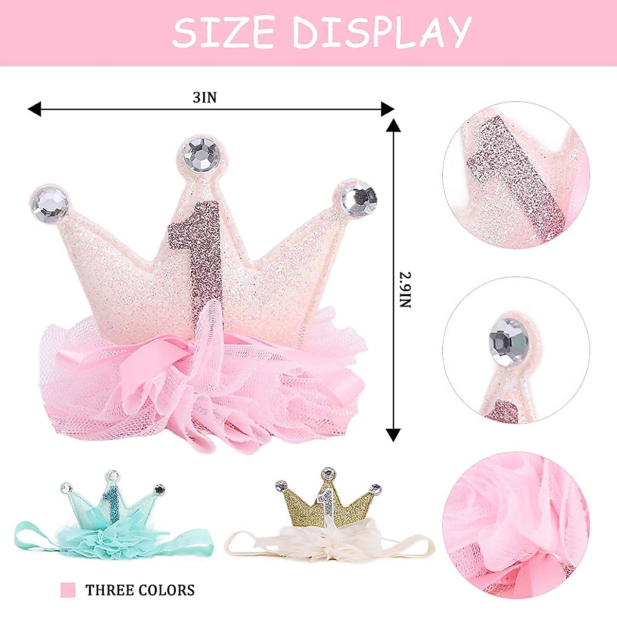 LINLULU 1st Birthday Crown Headband for Baby Girls - Elastic Pink Glitter Mini Crown, Princess Crown Headband, Tulle Bow Crown Baby Headband, Cake Smash Photo Prop (pink baby headband)