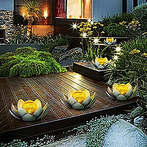 Huaxu Solar Lights Outdoor Garden Decor , Amber Crackle Globe Glass Lotus Decoration,Waterproof Gray Metal Flower Light for Patio,Lawn,Walkway,Tabletop,Ground