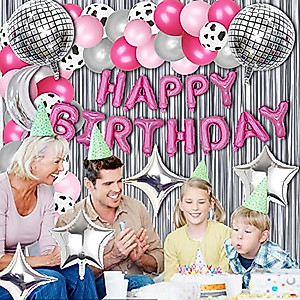 Refavor Disco Birthday Party Decorations - 60pcs Western Disco Party Decorations Pink Silver Backdrop Disco Ball Hot Pink Happy Birthday Balloons Decor Birthday Decorations Supplies Cowgirls Women