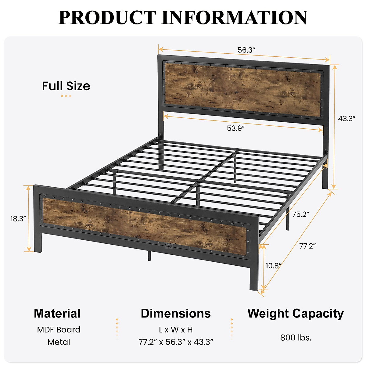 SHA CERLIN Grey Metal Bed Frame Full, Industrial Wooden Platform Base with Rivet Headboard and Footboard, No Box Spring Needed