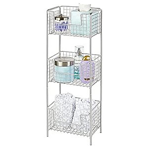 mDesign Steel Freestanding Storage Organizer Tower Rack Basket Shelf, Metal 3-Tier Furniture Unit for Master/Guest Bathroom, Powder Room - Holds Bath Towels, Soap - Concerto Collection - Stone Gray