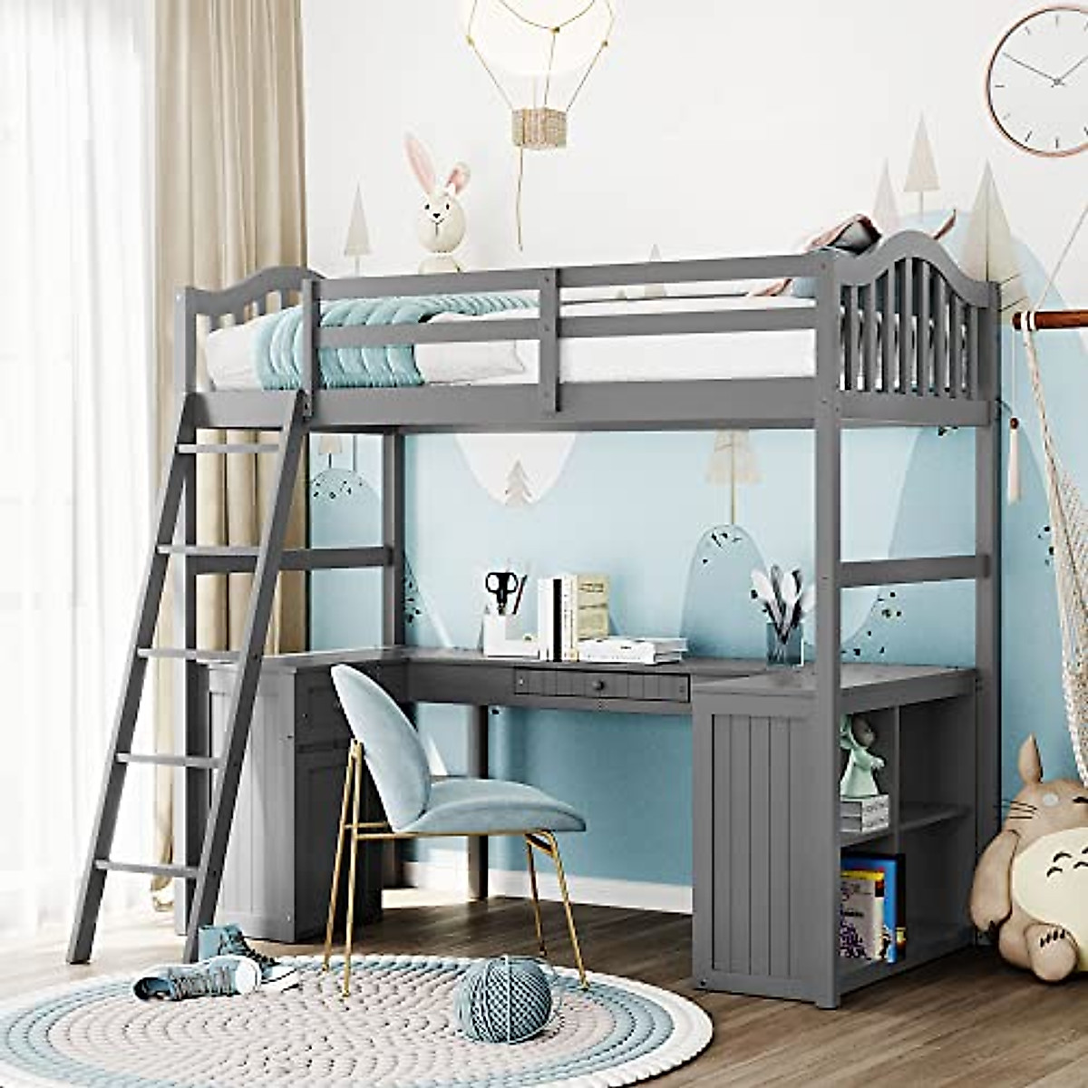GJHOME Kids Loft Bed with Desk and Drawers, Wooden Twin Loft Bed with Storage Shelves and Angled Ladder, High Loft Bed Frame for Kids, Teens, Adults Boys & Girls, Gray