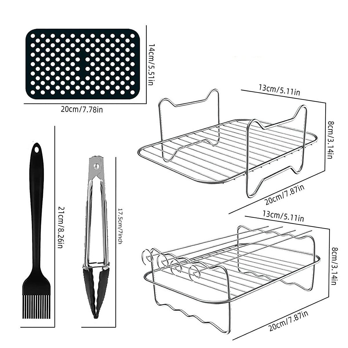 TuTuYa Air Fryer Rack for Ninja Dual Air Fryer DZ201/401 & Most 8Qt-10Qt, Air Fryers Accessories Include 1 Steam Grill Rack, 1 Skewer Rack, 1 Food Tongs, 1 Oil Brush, 1 Silicone Air Fryer Liner